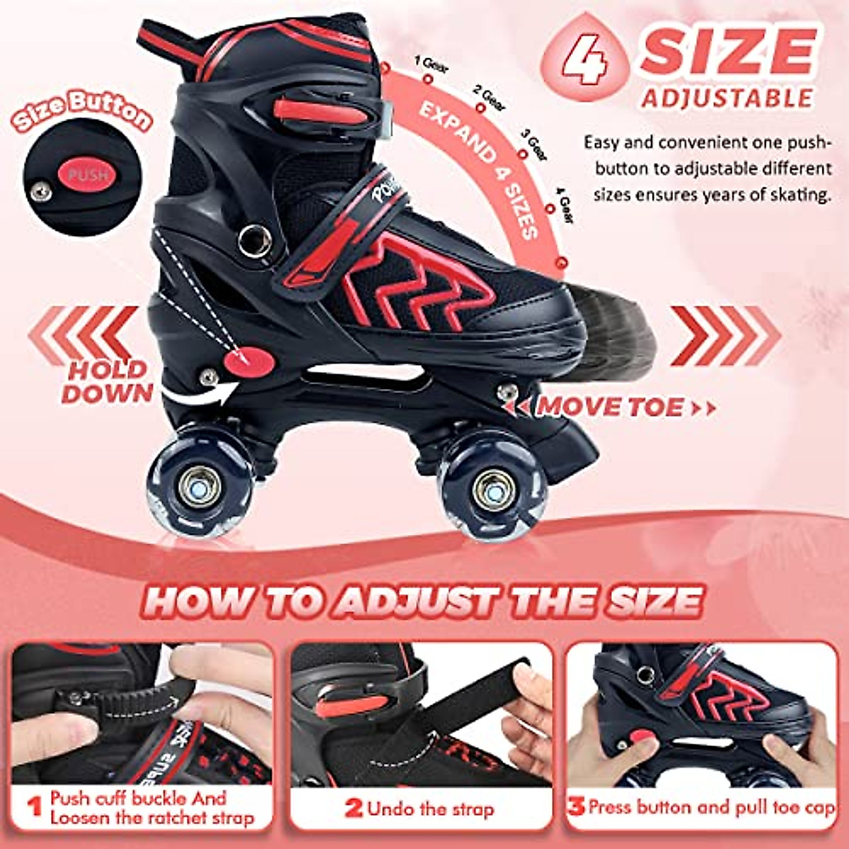 HXWY Kids Roller Skates for Boys Girls Child, Adjustable 4 Sizes Roller Skates for Kids and Youth with Light Up Wheels, Quad Black & Red Roller Skates for Sports (Little Kid 11J-1)