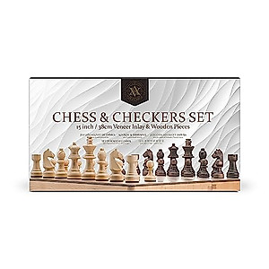 A&A 15 inch Wooden Folding Chess & Checkers Set w/ 3 inch King Height Staunton Chess Pieces / 2 Extra Queens - Beech Box w/Maple & Walnut Inlay