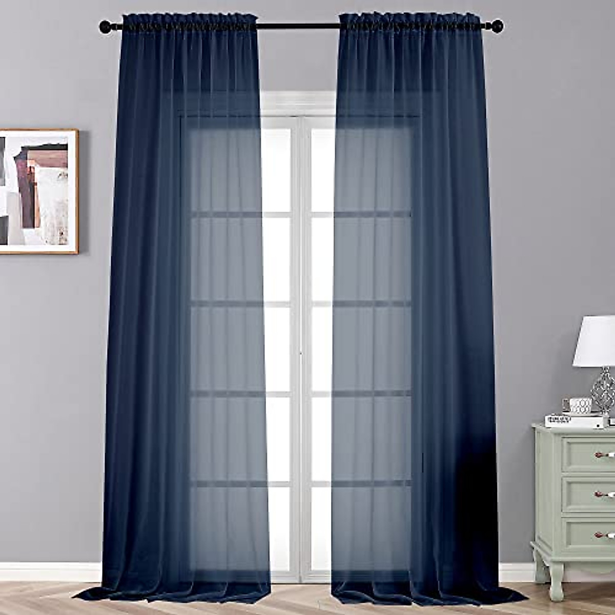 Lecloud Window Treatment Sheer Curtains 120 Inches Long, Basic Rod Pocket Drapes for Living Room Bedroom, Semi Sheer Voile Curtain Panels for Yard Patio Villa Parlor Backdrop, 40" Wx120 L, Navy Blue