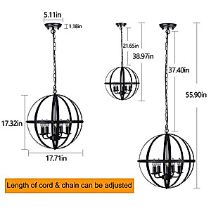 DLLT Pendant Light Metal, 5-Light Globe Pendant Lighting, Adjustable Hanging Ceiling Chandelier Light Flush Mount for Kitchen, Dining Room, Living Room, Hallway, Bedroom, Entryway, E12-Matte Black