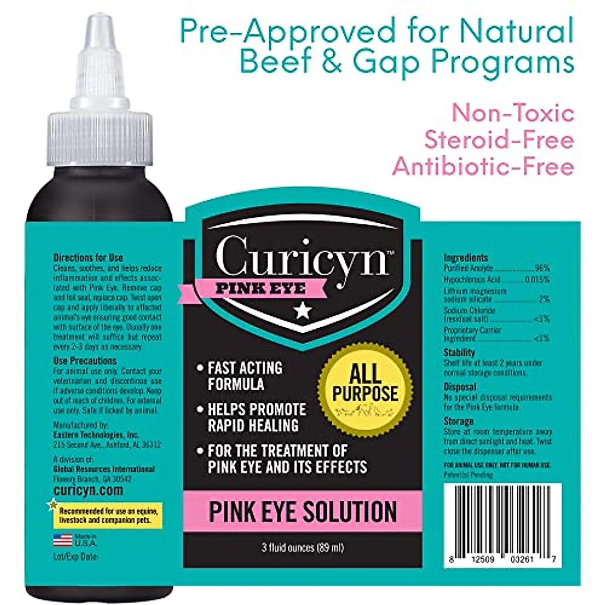 Curicyn Pink Eye Solution, Conjunctivitis Eye Drops for Dogs, Cats, Livestock and Horses – Pain Free, Non-Steroidal Dog Eye Wash with Purified Anolyte - Effects Observed in 1-3 Days - 3 oz
