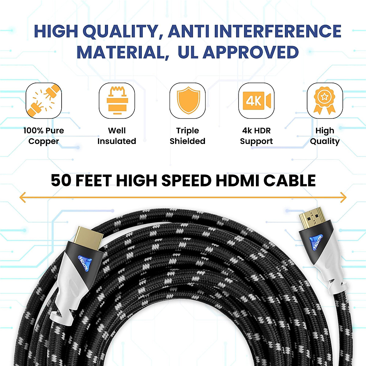 Aurum Ultra 4K HDMI Cable 25 ft Braided High-Speed HDMI Cord Supports TV, Gaming, Ethernet, HDR, ARC, UHD, 3D, HDTV, 10.2 Gbps Compatible with PC, Laptop PS3, PS4, Xbox, Roku, Blue-ray, 2 Pack
