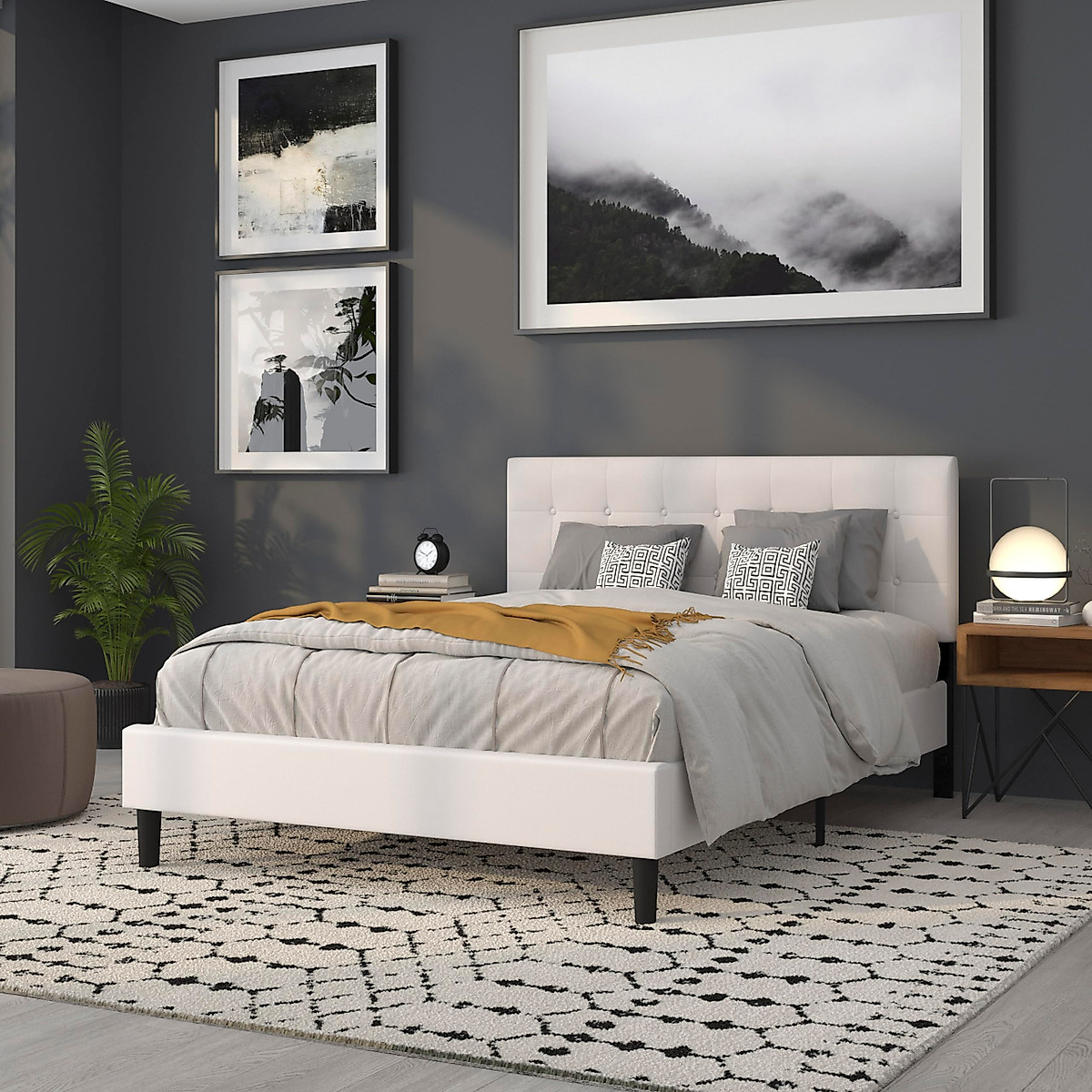 BizChair Button Tufted Upholstered Queen Size Headboard in White Vinyl