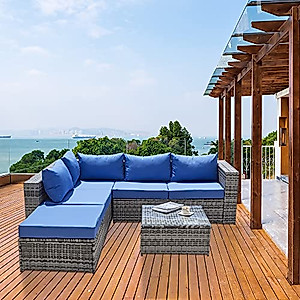 MOLIXXES 4 Pieces PE Wicker Outdoor Sofa Couch Sectional Patio Set,Patio Furniture Sectional Sofa with Ottoman, Glass Table, Pillow,Gray Rattan Blue Cushion