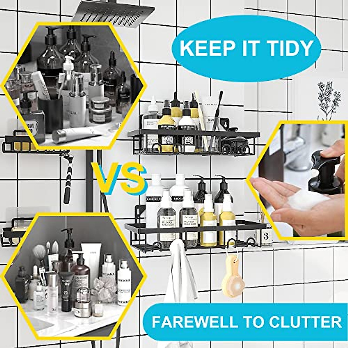 Auchic Shower Caddy,Shower Shelves [6 Pack],Adhesive Bathroom Shower Organizer Suction,No Drilling,Rustproof Stainless Steel Shower Soap Holder for Inside Shower,Black