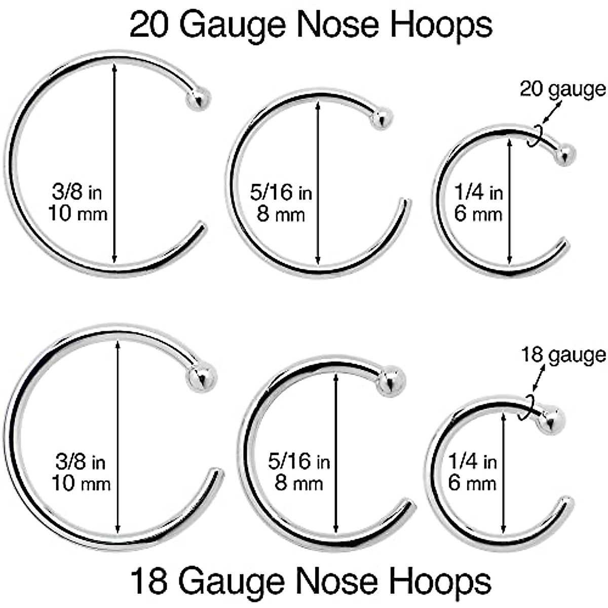 Body Candy 20 Gauge 5/16" Unisex Adult Solid 14k White Gold Nose Hoop Nose Ring Piercing Jewelry