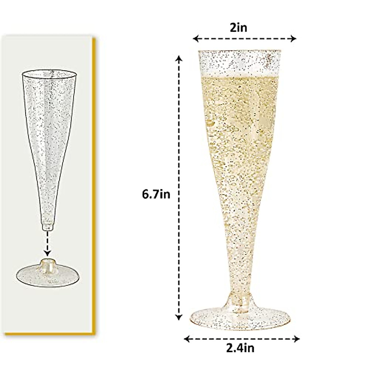 JOLLY CHEF 30 Pack Plastic Champagne Flutes Disposable 4.5 Oz Gold Glitter Plastic Champagne Glasses Perfect for Wedding, Thanksgiving Day, Christmas