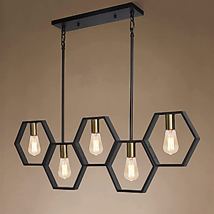 ACNKTZ 5-Light Dining Room Light Fixtures Over Table, Industrial Kitchen Island Lighting, Adjustable Height Hanging Rectangular Chandelier, Modern Pool Table Lights, Black/Gold Finish