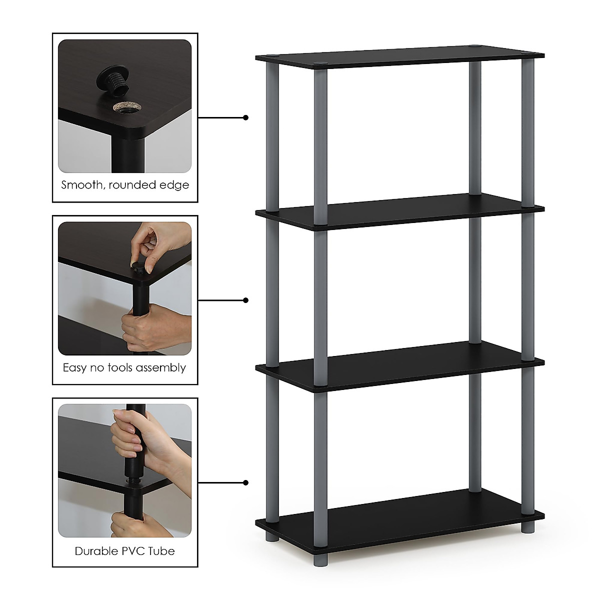 Furinno (99557BK/GY) Turn-N-Tube 4-Tier Multipurpose Shelf Display Rack - Black/Grey