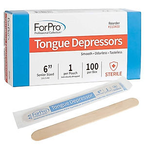 ForPro Professional Collection Senior Tongue Depressors, Large Wax Applicator Sticks, 6" Sized, Sterile, Individually Wrapped, 100 Count, Pack of 6