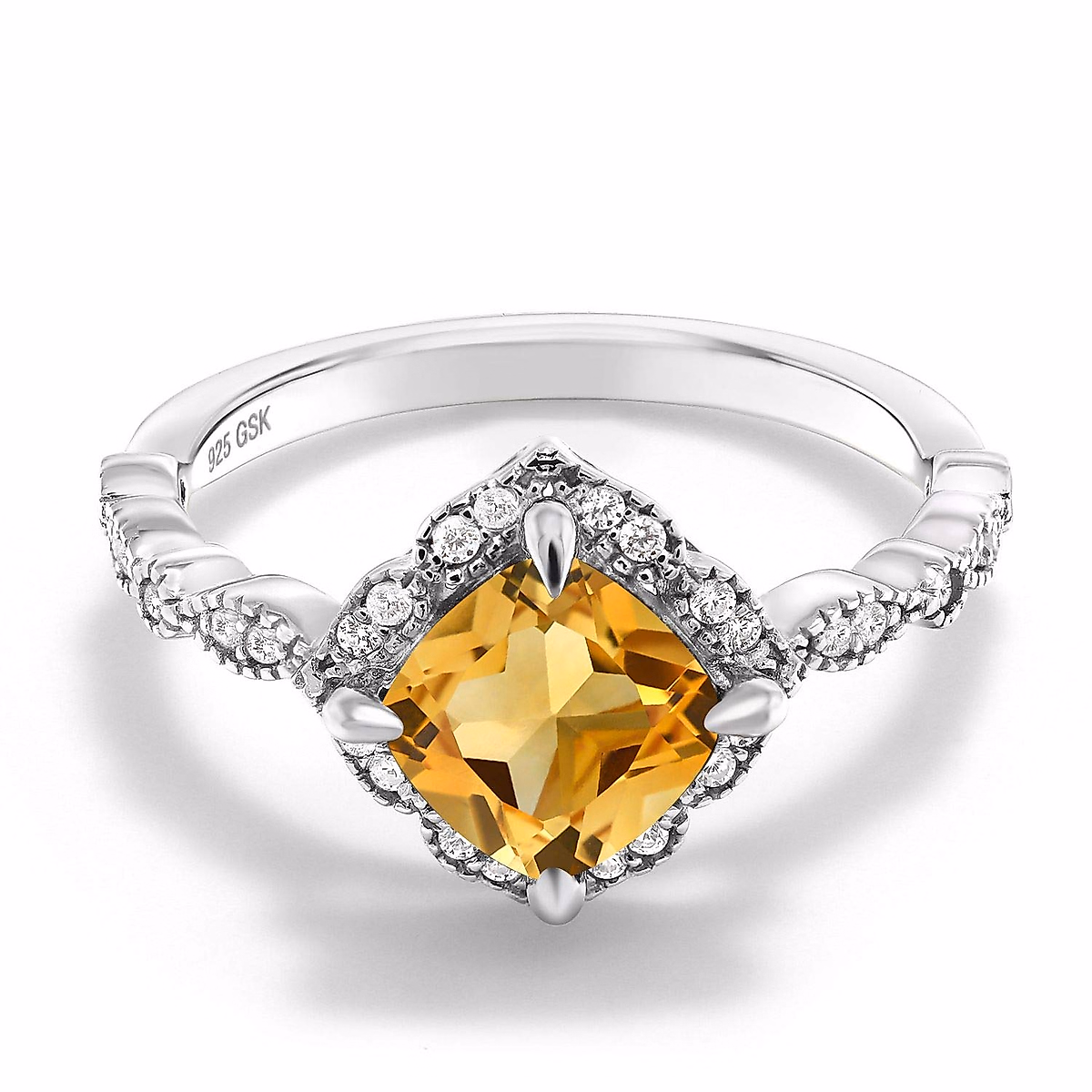 Gem Stone King 925 Sterling Silver Yellow Citrine and Moissanite Solitaire Ring For Women (1.74 Cttw, Cushion Cut 7MM, Gemstone, Available in Size 5, 6, 7, 8, 9)