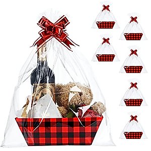 22 Pcs Basket for Gifts Empty Kit Includes 6 Pcs Gift Basket Empty to Fill 6 Pcs Clear Gift Bags 10 Pull Bows Market Tray Favor for Valentines Wedding Holiday Birthday Gift Package (Red Black Plaid)