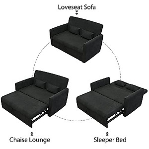 LEVNARY 55" Pull-Out Sofa Bed, Small Convertible Couch Bed with Adjustable Backrest, Modern Tufted Sleeper Sofa Velvet Loveseat with 2 Pillows for Living Room Apartment (Black)