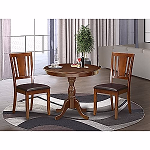 East West Furniture AMDU3-MAH-LC 3 Piece Modern Dining Table Set Contains a Round Kitchen Table with Pedestal and 2 Faux Leather Dining Room Chairs, 36x36 Inch, Mahogany