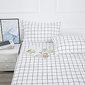 Printed Plaid Bed Sheet Set 3 Pieces - Twin Size - Double Brushed Microfiber Super Soft Breathable Bedding Sheets Black Grid