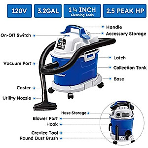 Vacmaster Wet Dry Vacuum 3.2 Gallon 2.5 Peak HP Wall Mounted Shop Vacuum Cleaner with Extension Wands Tool Storage & Wall Bracket for Garage, Car, Home & Workshop