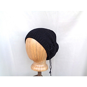Scrunch Slouch Hat, Gathered Slouchy Beanie, Drawstring Bow, Hand Knit, Soft Wool, Dredlock Rasta