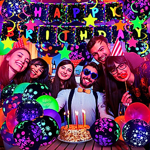 Jetec 71 Pcs Neon Birthday Party Supplies Include Clear Glow in the Dark Balloons, UV Neon Balloons, Neon Star Hanging Swirls, Happy Birthday Banner for Glow Birthday Party UV Neon Party