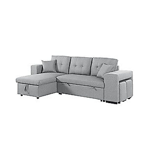ERYE L-Shaped Reversible Sleeper Sectional Sofa W/Pull Out Couch Bed, Storage Chaise & Niche Shelves for Living Room, Modern Linen Upholstered Sofa&Couch Convertible Sleep Sofabed with 2 Stools