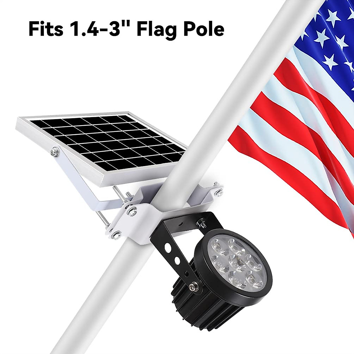 Joylight Flag Pole Light Solar Powered Outdoor, Solar Flagpole Light 6000K White Led IP65 Waterproof Dusk to Dawn 3 Mounted Ways Clamp Ground Wall for Flag Pole