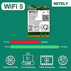 NETELY IEEE 802.11AC WiFi 5 NGFF M2 Interface 1200Mbps WiFi Adapter with Bluetooth 4.2 for Laptop PCs, 2.4GHz 300Mbps and 5GHz 867Mbps NGFF M2 WiFi Card, OEM Lenovo FRU PN: 01AX713 (QCNFA344A)