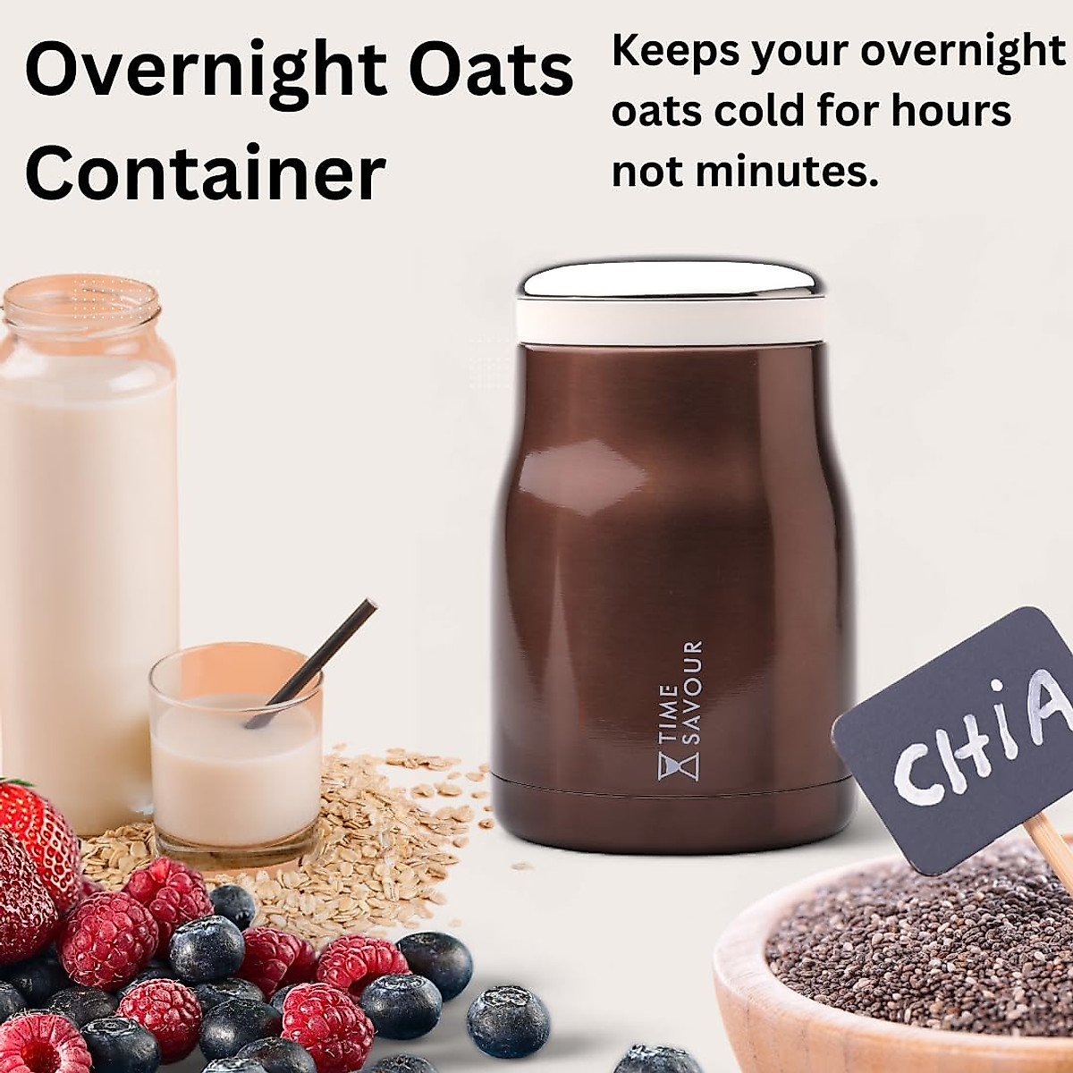 Time Savour 16oz Overnight Oats Containers with Lids for Overnight Oats, Smoothie, Yogurt, Pasta & Soup, Thermos Food Jar for Kids & Adults (Brown)