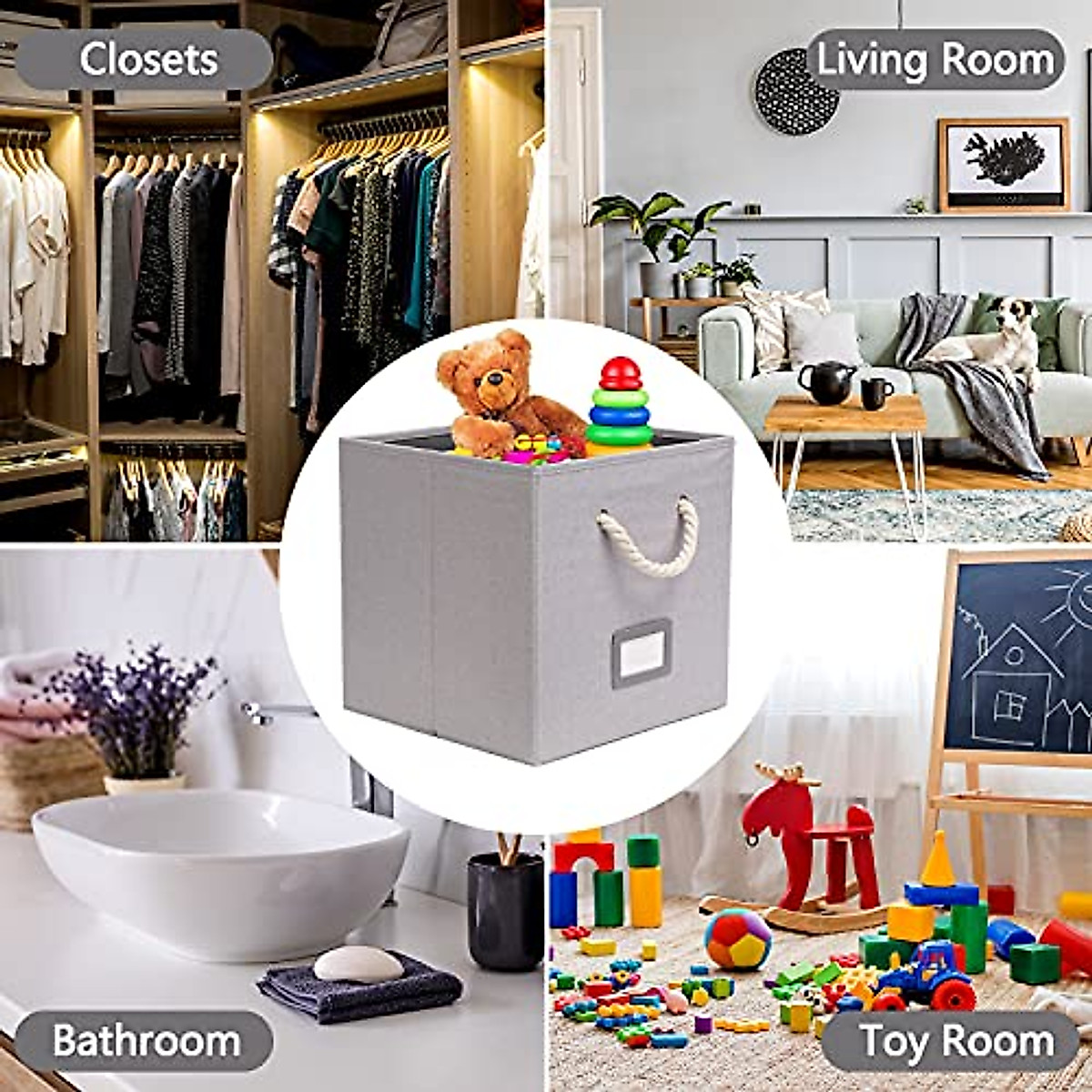 HONGKERNE Collapsible Fabric Storage Cubes 12x12x12inch,Foldable Storage Bin for Cube Organizer with Cotton Rope Handle Cube Storage Bins,Cubes Storage Bins for Closet and Shelves-Set of 2 (Gray, 12"-2 Pack)