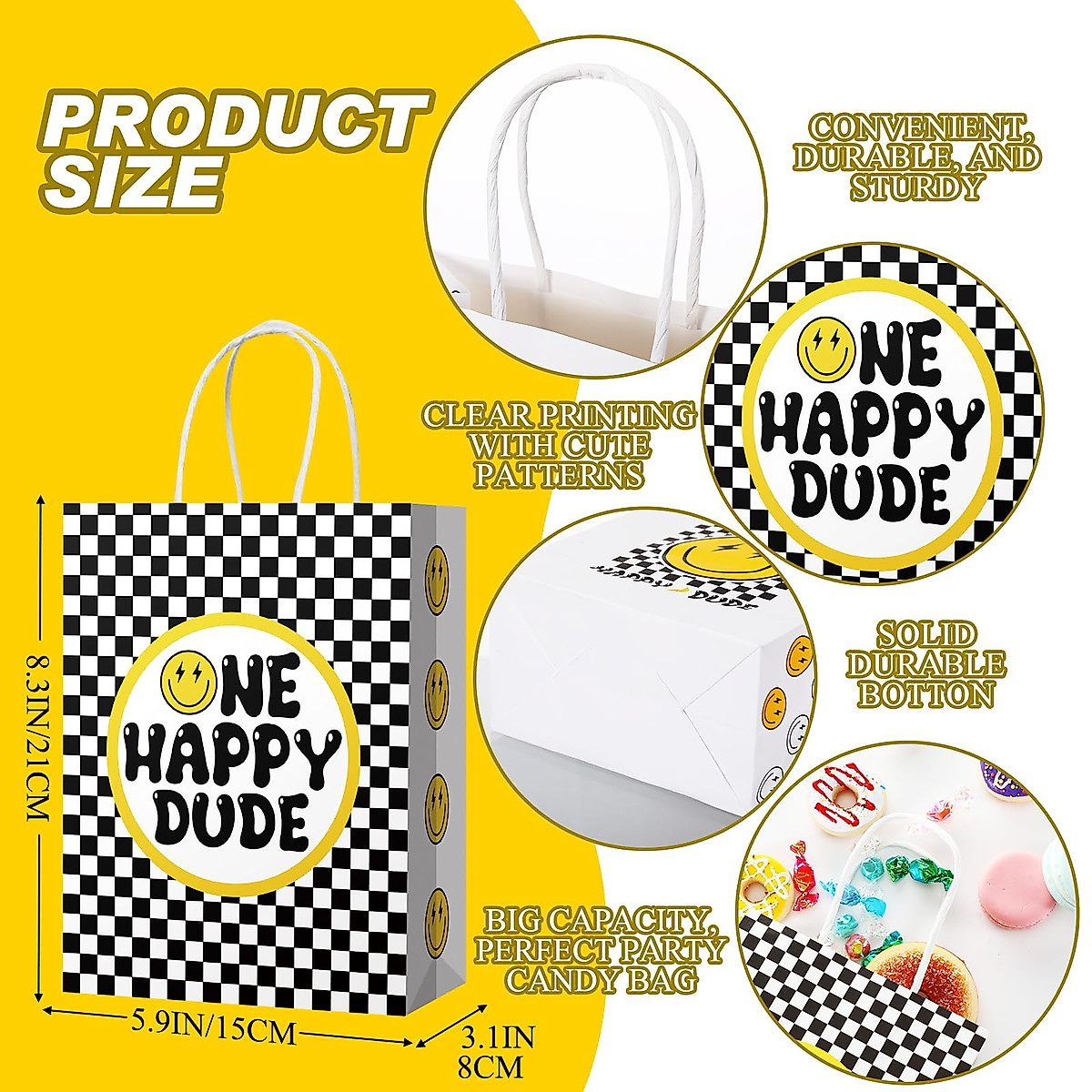 Yeaqee 24 Pcs One Happy Dude Party Favor Bags 1st Birthday Party Decoration Smile Face Paper Gift Bags One Happy Dude Goodie Treat Candy Bag for One Happy Dude Birthday Party Supplies(Handles Style)