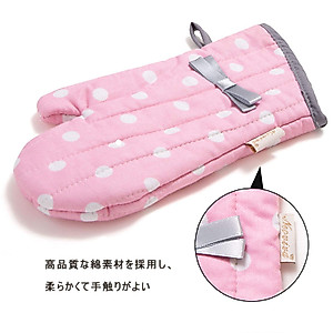 NEOVIVA Kitchen Oven Mitts for Kids, Heat Resistant Cotton Oven Gloves Set of 2 for Cooking Baking, Kitchen Gloves for Farmhouse Restaurant, Polka Dots Pink