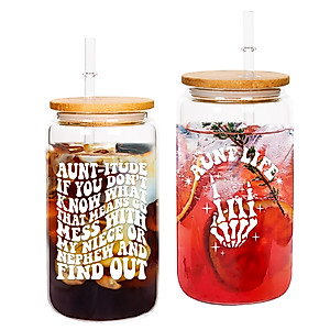 16Oz Glass Jar iced Coffee Cup | Best Aunt Gifts From Niece - Birthday Gifts for Aunt from Nephew - Funny Aunt Christmas Gifts From Niece Nephew - Best Aunt Ever Gifts