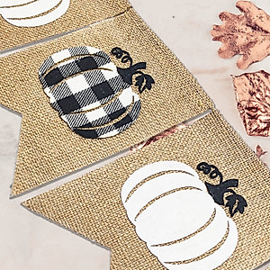 Doumeny Plaid Pumpkin Burlap Banner Buffalo Check Fall Banner Jute White Pumpkins Bunting Garland Autumn Harvest Bunting Flag Thanksgiving Party Banner for Home Wall Mantel Fireplace Farmhouse Decor