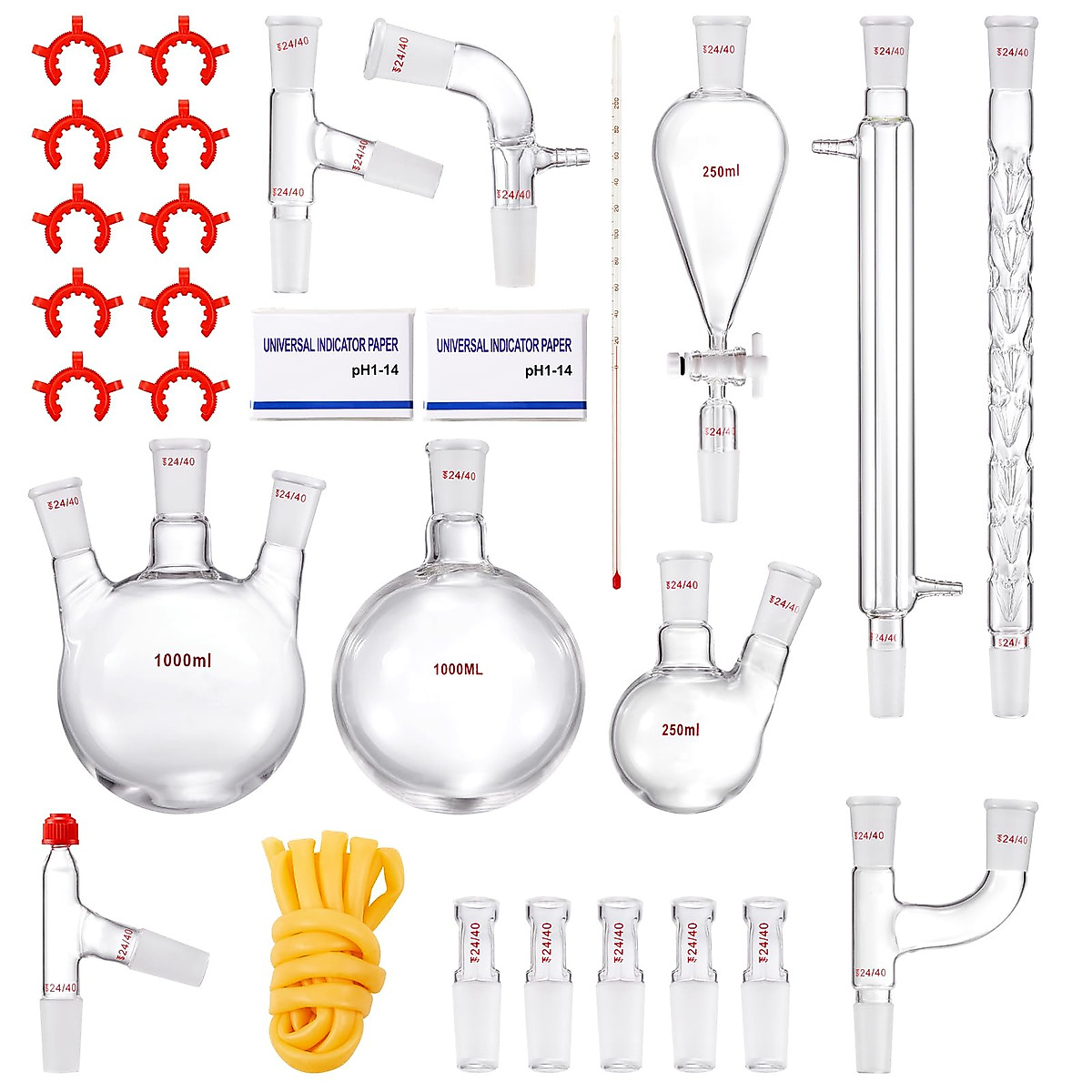 VEVOR New Laboratory Glassware 24/40 Chemistry Glassware 29PCS Chemistry Lab Glassware Kit 250 1000ml for Distillations Separation Purification Synthesis 24/40 29PCS