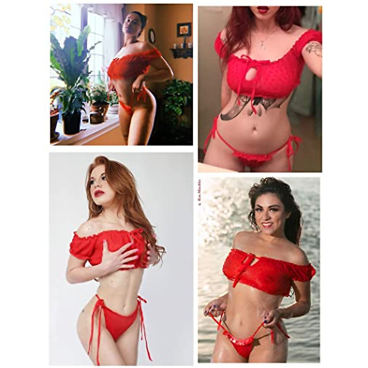 Avidlove Womens Lingerie Self Tie Ruffle Trim Dobby Teddy Mesh Lingerie Set Sexy Bra and Panty Set Red M
