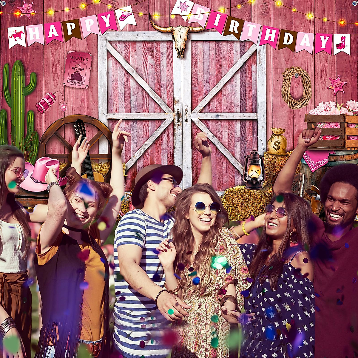 Breling Western Cowgirl Birthday Banner Cowboy Backdrop Photography Booth Prop Pink Cowgirl Party Background for Cowgirl Birthday Baby Shower Party Decorations Supplies, 71 x 43 Inch