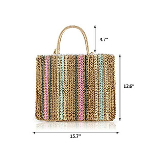 QTKJ Fashion Women Straw Zipper Tote Bag Summer Beach Colorful Shoulder Bag with Woven Shoulder Strap