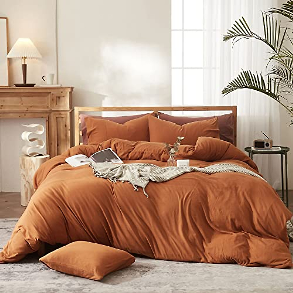 EAVD Modern Style Pumpkin Color Duvet Cover Twin Soft 100% Jersey Knit Cotton Caramel Pumpkin Boho Bedding Set 1 Twin Duvet Cover with 2 Pilllowcases Solid Duvet Cover with Zipper Closure