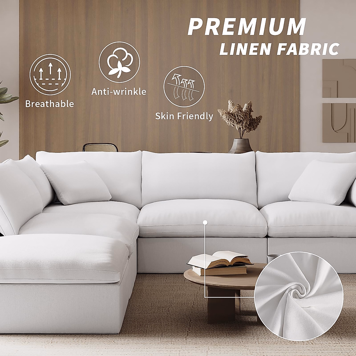 Gtilzria Oversized Modular Sectional Sofa Couch,White Linen Fabric Reversible V Shaped Sofa Couches Cloud Couch with Ottoman, Down Filled Sectional Sofa Corner Couches for Living Room,Apartment