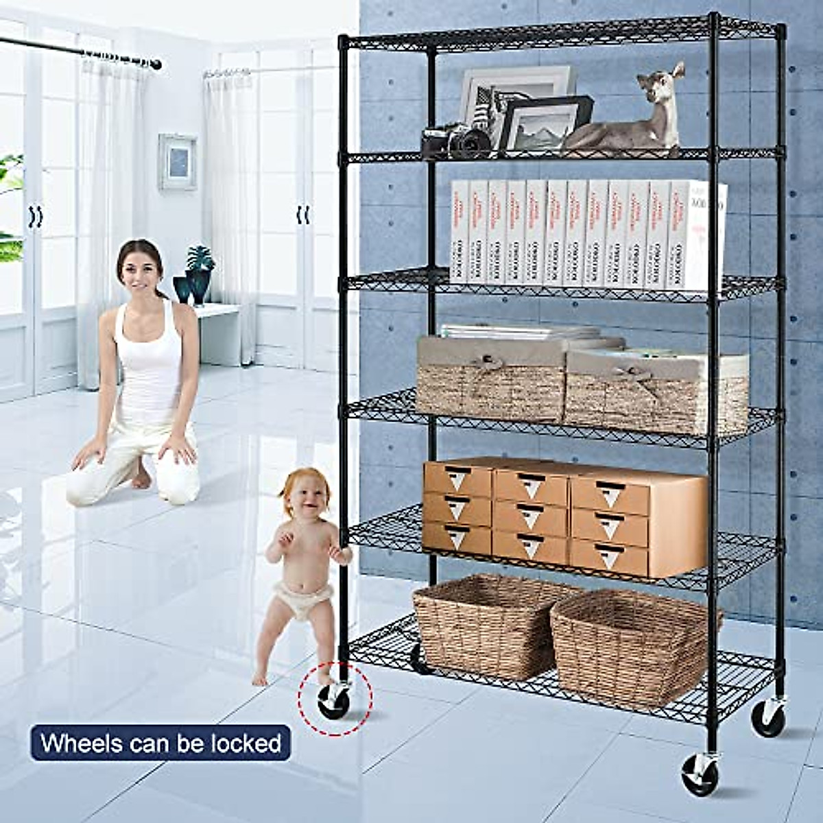 YYkokocat 6000Lbs Capacity Heavy Duty Storage Shelves Commercial Wire Shelving Unit and Storage Adjustable NSF 6 Tier Metal Rack Shelf on Wheels for Garage Basement, 76 H x 48 L x 18 D - Black
