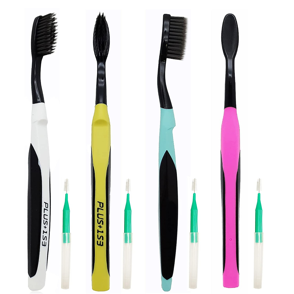 Dr. Dent Cladent Plus Charcoal Toothbrushes Regular Head Soft Whitening Brush for Adults Family Pack, Toothbrush for Gum Care, Individual Carrying Case & 4 Interdental Brush,(4 Colors,4 Pack)