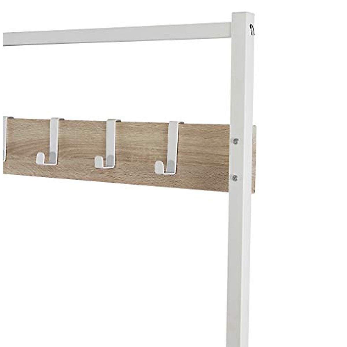 HOMISSUE Modern Style 2 Shelf Hall Tree with Storage Bench, Light Oak Bench and Lower Shelf with White Steel Frame, Entryway Shoe Rack with 5 Hooks for Garments