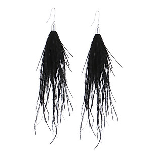 Black Feather Women Earrings Bohemian Long Drop Black Light Wedding Accessories (Black, silver-plated-base)