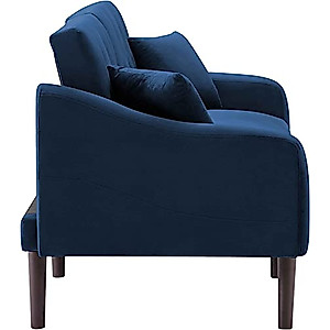 DNYN Convertible Sleeper Futon Sofa with 2 Pillows, Velvet Tufted Couch w/Metal Legs and Adjustable Backrest, for Apartment Office Small Space Living Room Furniture, Blue