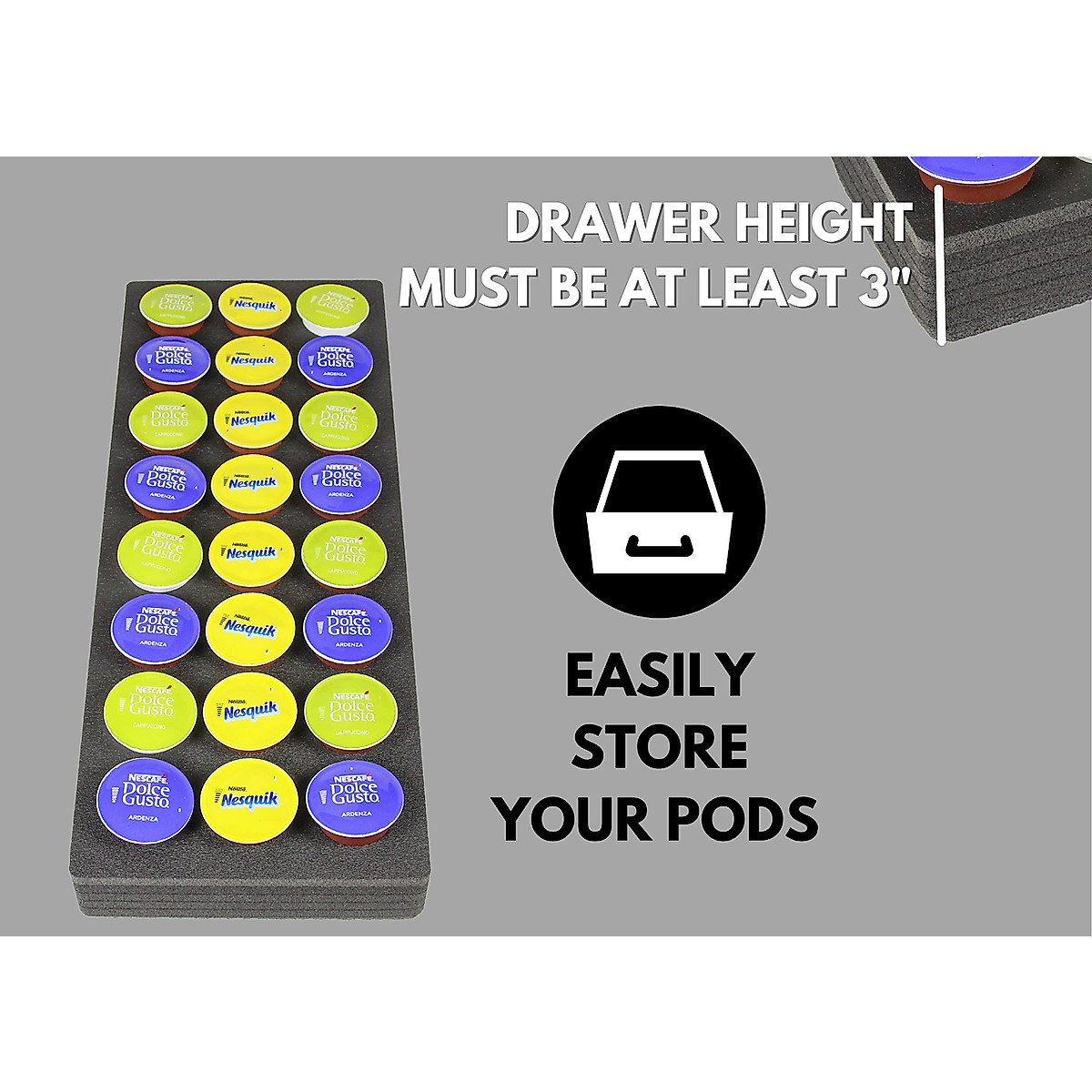 Polar Whale 2 Coffee Espresso Capsule Drawer Organizer Tray Inserts Compatible with Dolce Gusto for Kitchen Home Office Waterproof Washable Black Foam 24 Compartment 7.75 x 20 Inches