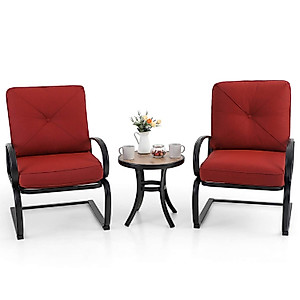 PHI VILLA Outdoor Patio Dining Set of 3, Heavy Duty Spring Dining Chairs and Round Table Bistro Furniture Set with Movable Red Cushioned Seats for Garden & Lawn