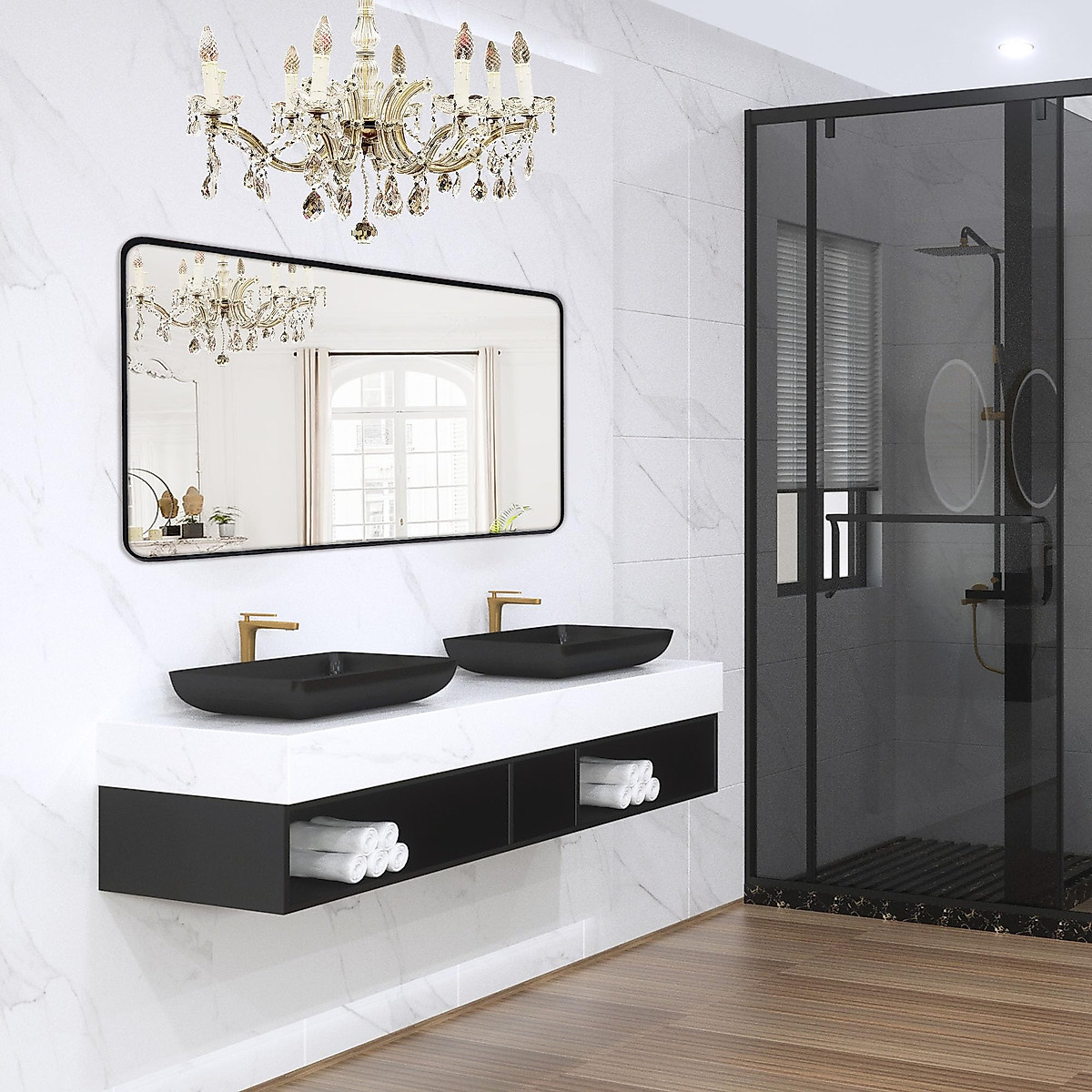 Minuover Bathroom Vanity Mirror for Wall, Brushed Black Metal Framed Large Rounded Corner Rectangular Mirror, Hangs Vertically or Horizontally (30" x 40", Black)