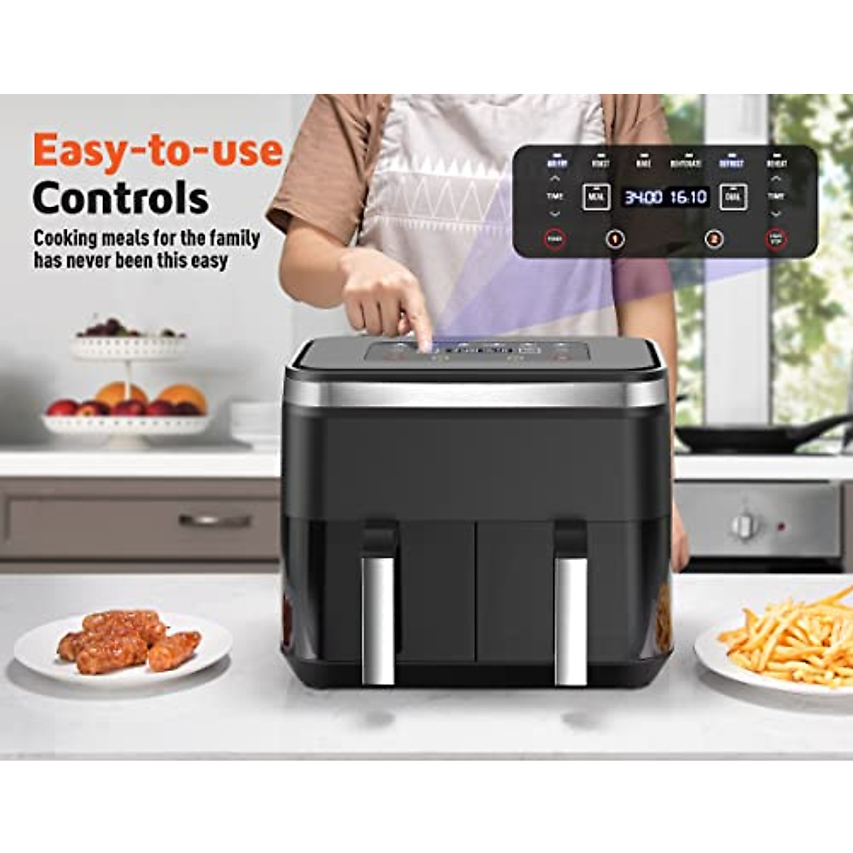 DyBaxa 10Qt 6-in-1 Dual Basket Air Fryer, 2 Independent Air Fry Baskets, ClearCook Windows, Easy-to-Control Panel, Roast Broil Dehydrate&More for Quick & Easy Meals, Nonstick & Dishwasher-Safe Basket