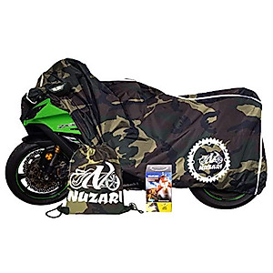 Breathable Motorcycle Cover W/Elastic Bottom. Premium Heavy Duty Outdoor Waterproof All Season Polyester W/Soft Screen Shield. Universal Heat Resistant Lockable Fabric (Camouflage, Medium)