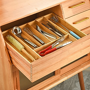 MASS DYNAMIC Expandable Bamboo Drawer Organizer for Silverware, Adjustable Cutlery Tray, Wood Drawer Dividers Flatware Organizer for Kitchen Utensils Holder, Garage Tools and Stationary Holder