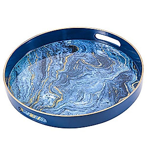 Zosenley Round Decorative Tray, Marbling Plastic Tray with Handles, Modern Vanity Tray and Serving Tray for Ottoman, Coffee Table, Kitchen and Bathroom, Size 13”, Blue