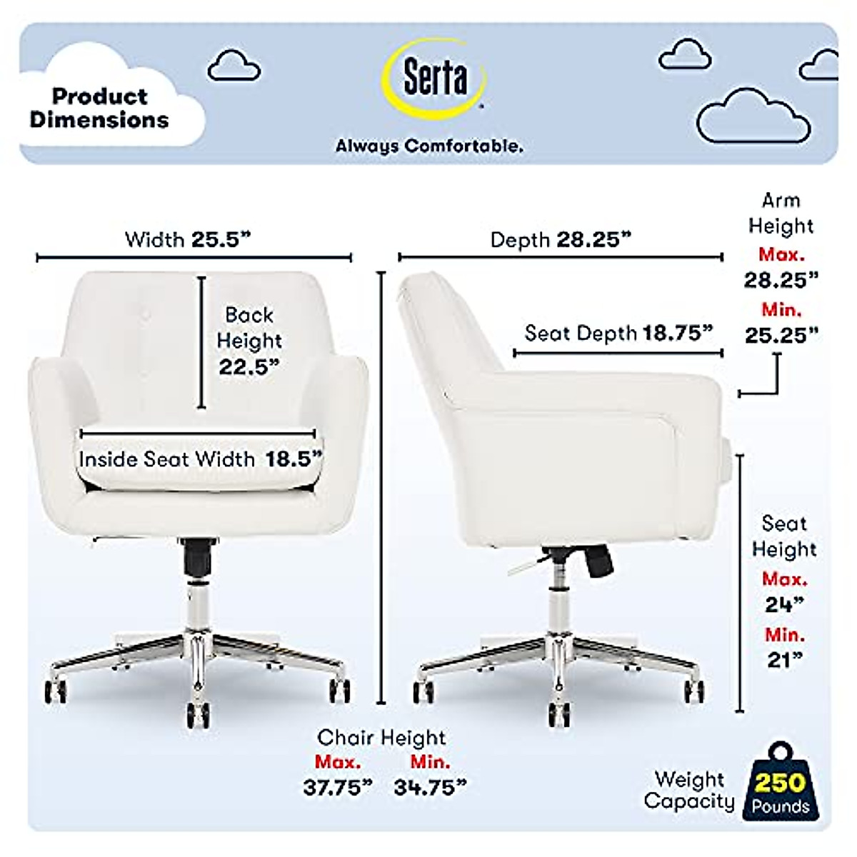 Serta Style Ashland Home Office Chair, Clean White Bonded Leather